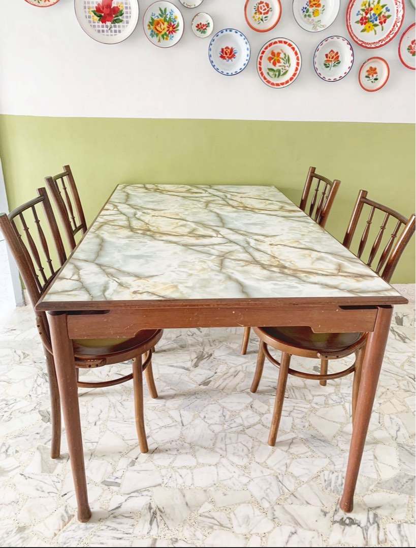 Rare vintage table plus kopi tiam chairs dining set, Furniture & Home ...
