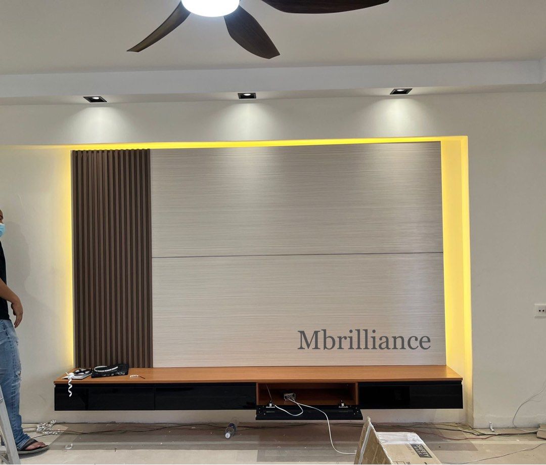 8ft tv console ceiling height feature wall with fluted panel, Furniture ...