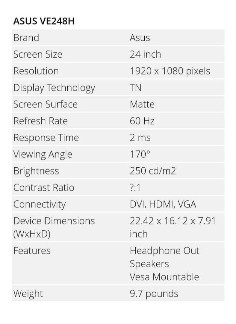 ASUS VE248H 24" Full HD Built-in Speakers Flicker-Free LED Backlight Gaming Monitor, Computers ...