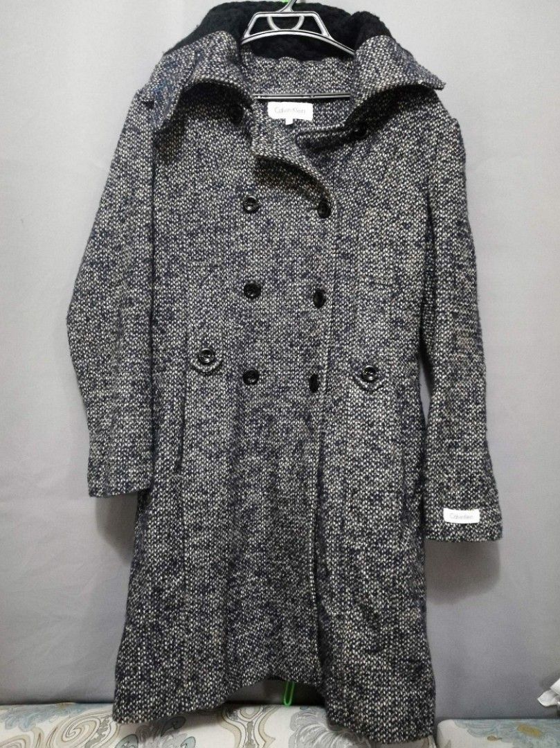 Calvin Klein Womens 4 Herringbone Wool Trench Pea Coat Mock Neck Tweed ...