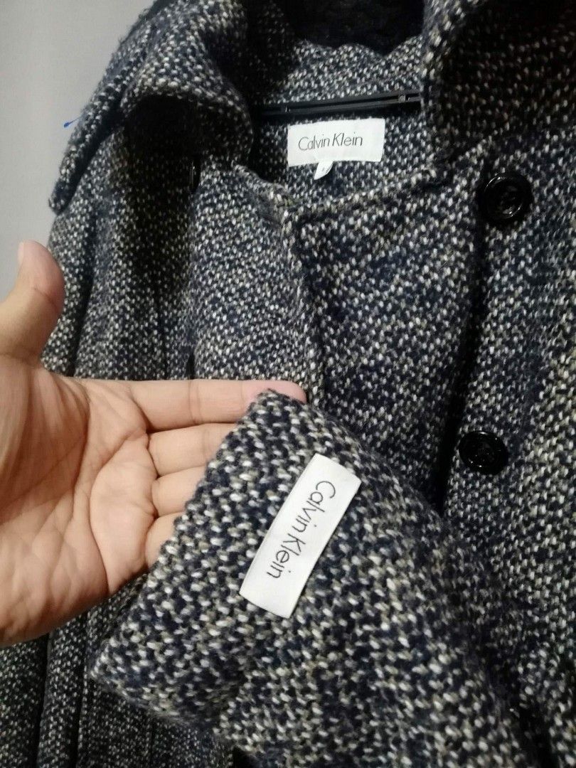 Calvin Klein Womens 4 Herringbone Wool Trench Pea Coat Mock Neck Tweed ...