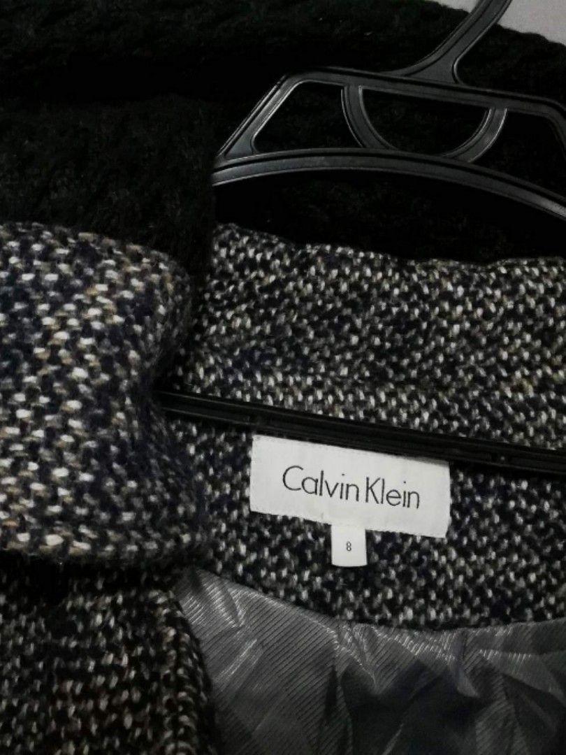 Calvin Klein Womens 4 Herringbone Wool Trench Pea Coat Mock Neck Tweed ...