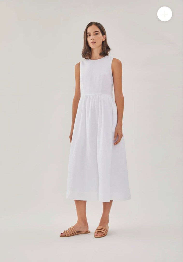 Klarra Linen Sleeveless Gathered Dress in White, Women's Fashion ...