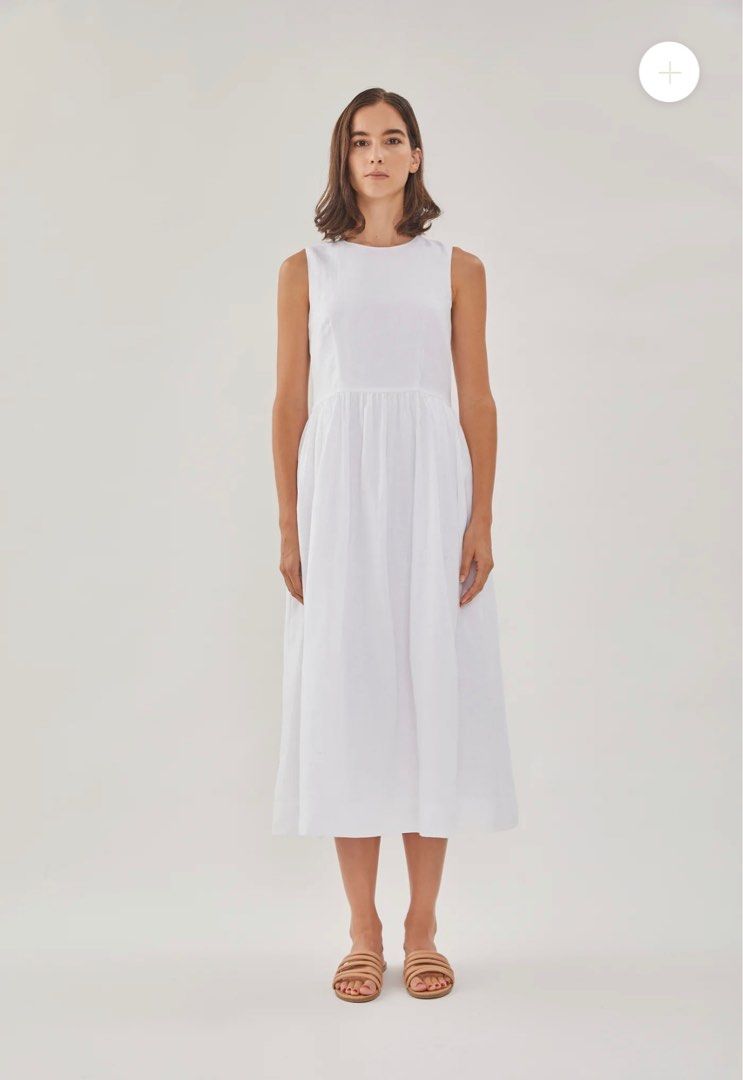 Klarra Linen Sleeveless Gathered Dress in White, Women's Fashion ...