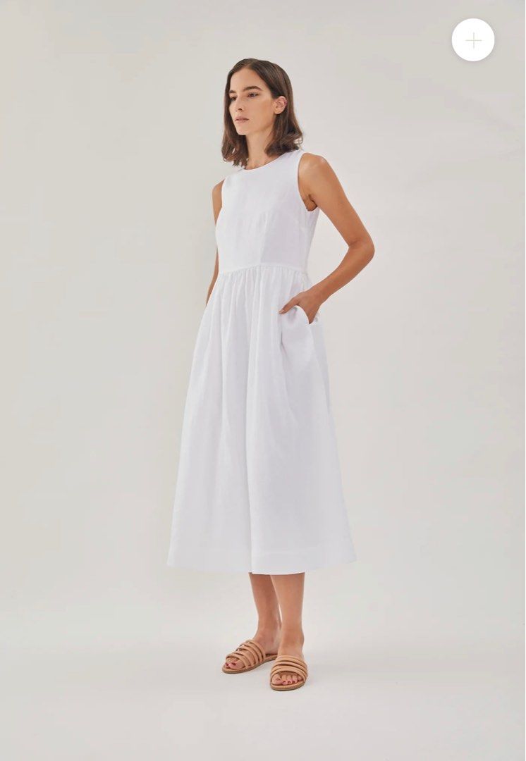 Klarra Linen Sleeveless Gathered Dress in White, Women's Fashion ...
