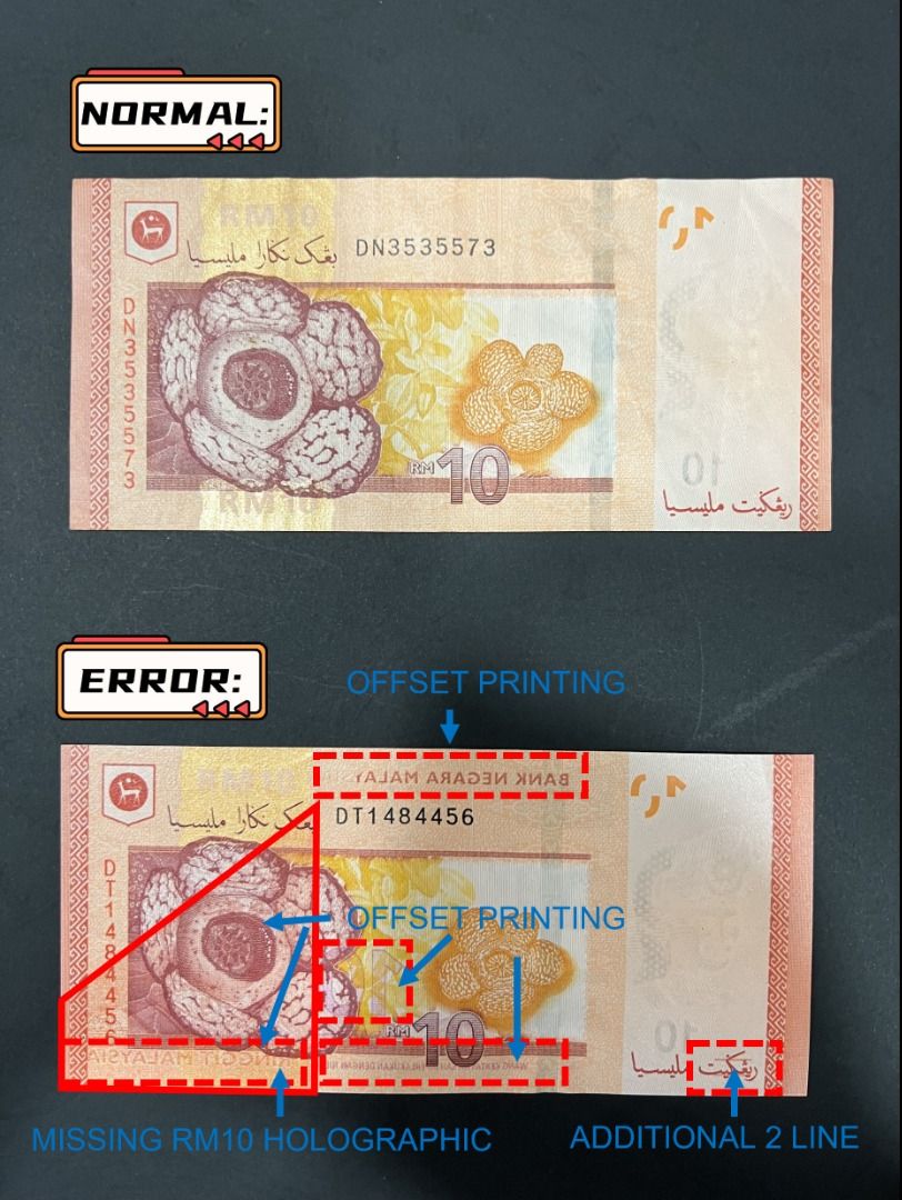 MALAYSIA RINGGIT ERROR PRINTING SERIES - RM10 OFFSET PRINTING ERROR ...