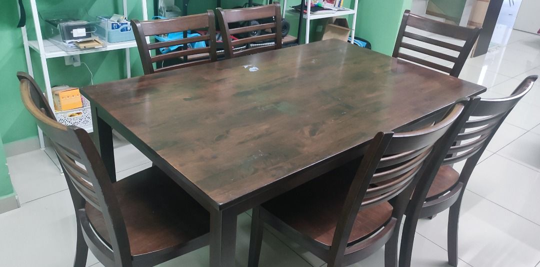 Preloved 6-seater Dining Table Solid Wood with Chairs Condition 7/10 ...