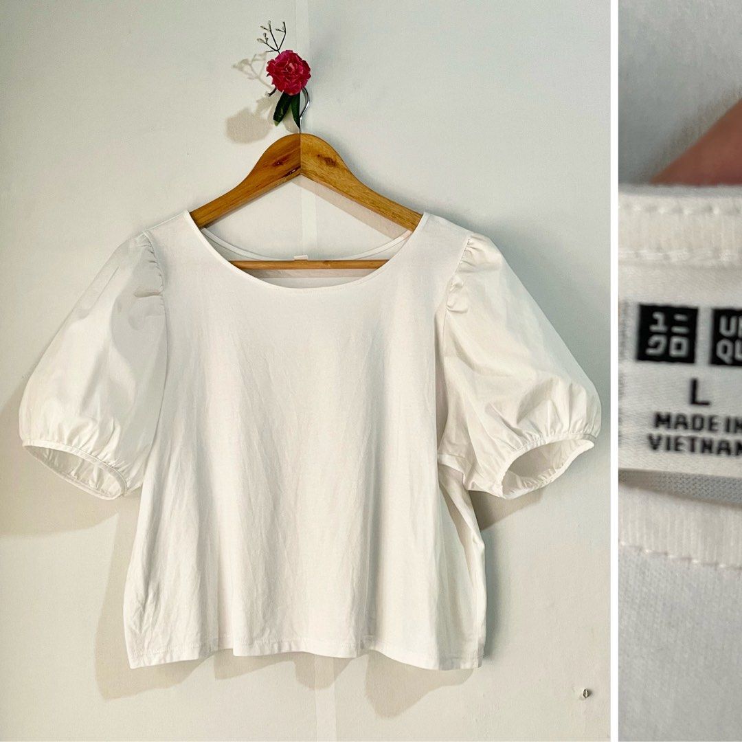 Uniqlo white puff sleeve top, Women's Fashion, Tops, Blouses on Carousell