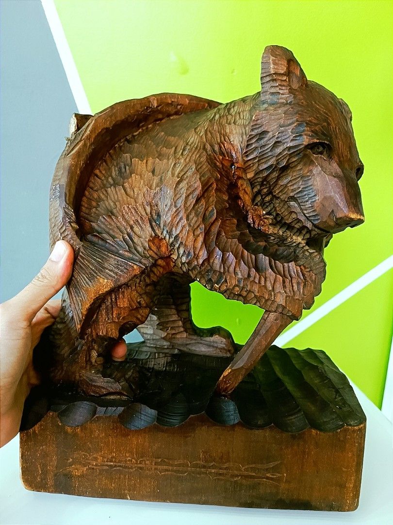 Vintage Antique Solid Wood Bear with Salmon sculpture from Japan 19th ...