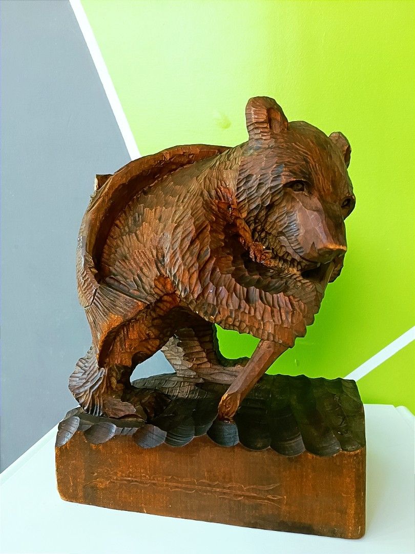 Vintage Antique Solid Wood Bear with Salmon sculpture from Japan 19th ...
