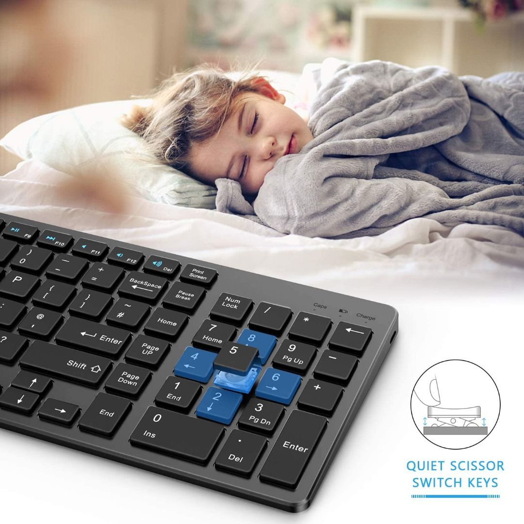 Wireless Keyboard, 2.4GHz Ultra Slim Rechargeable Wireless Keyboard with Numeric Keypad for ...