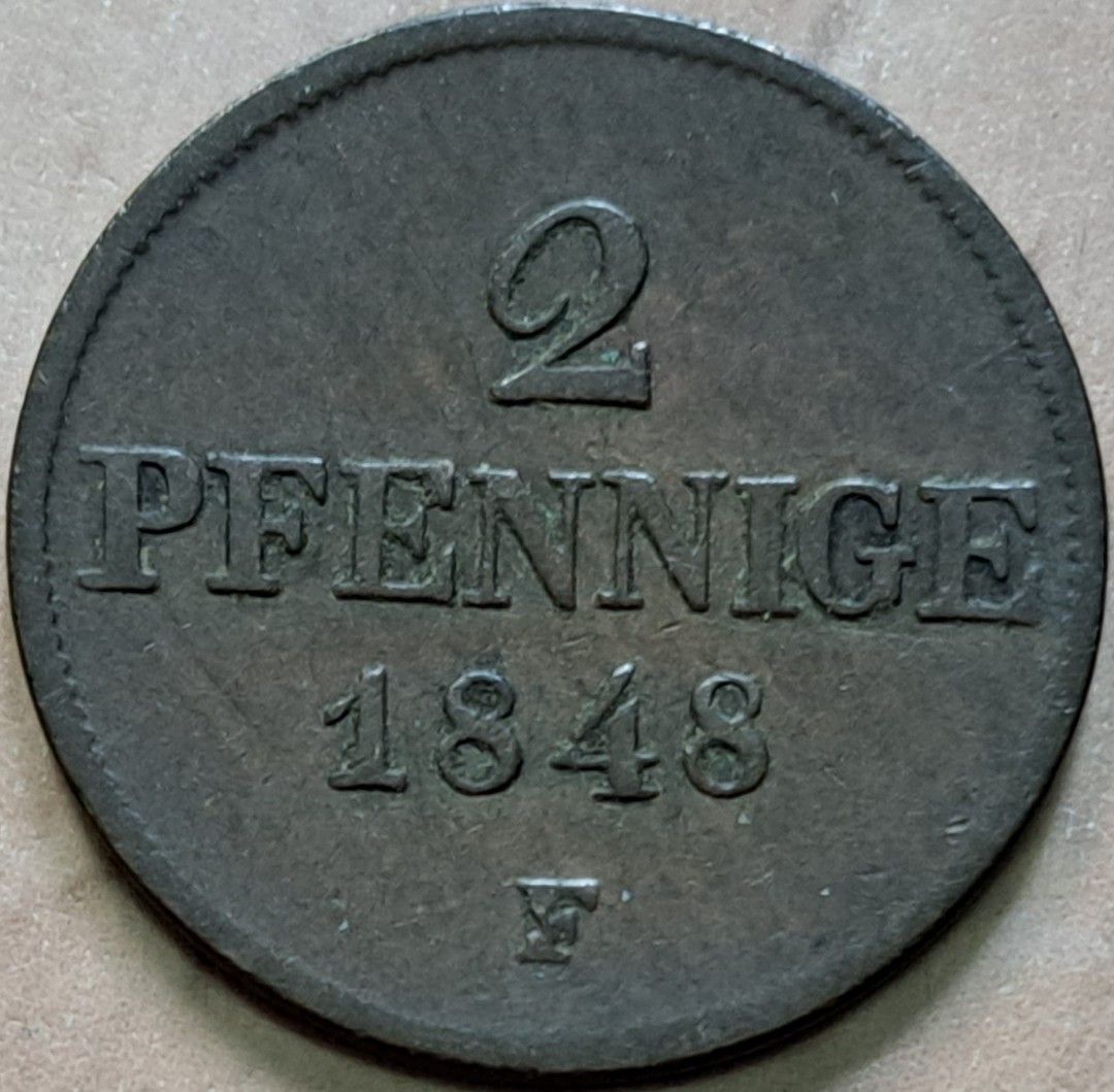 1848 2 pfennige, Hobbies & Toys, Memorabilia & Collectibles, Currency on Carousell