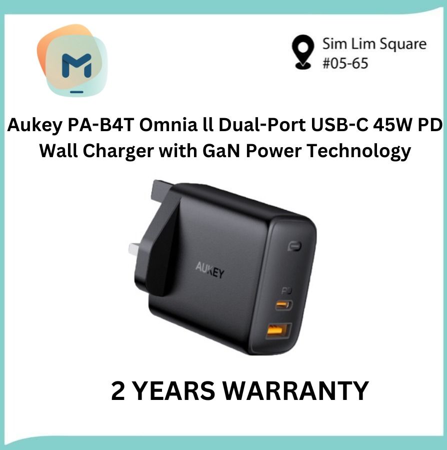 Aukey PA-B4T Omnia ll Dual-Port USB-C 45W PD Wall Charger with GaN Power Technology, Mobile ...