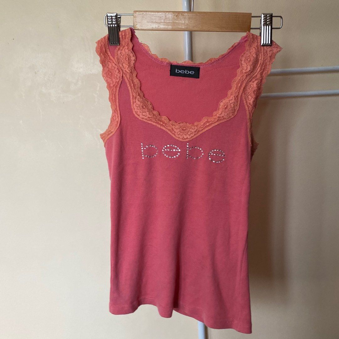 Bebe pink laced ribbed tank cami top, Women's Fashion, Tops, Sleeveless ...