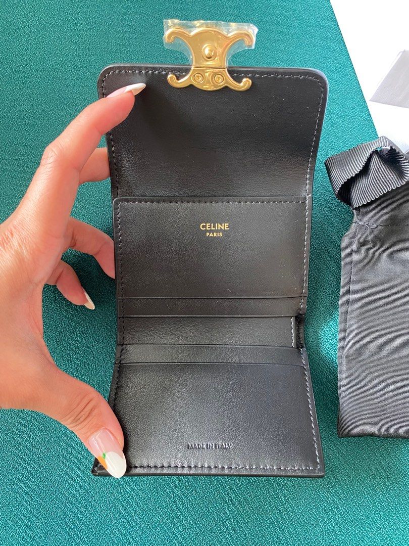 BNIB Celine Triomphe Compact Wallet in Black Calfskin, Women's Fashion ...
