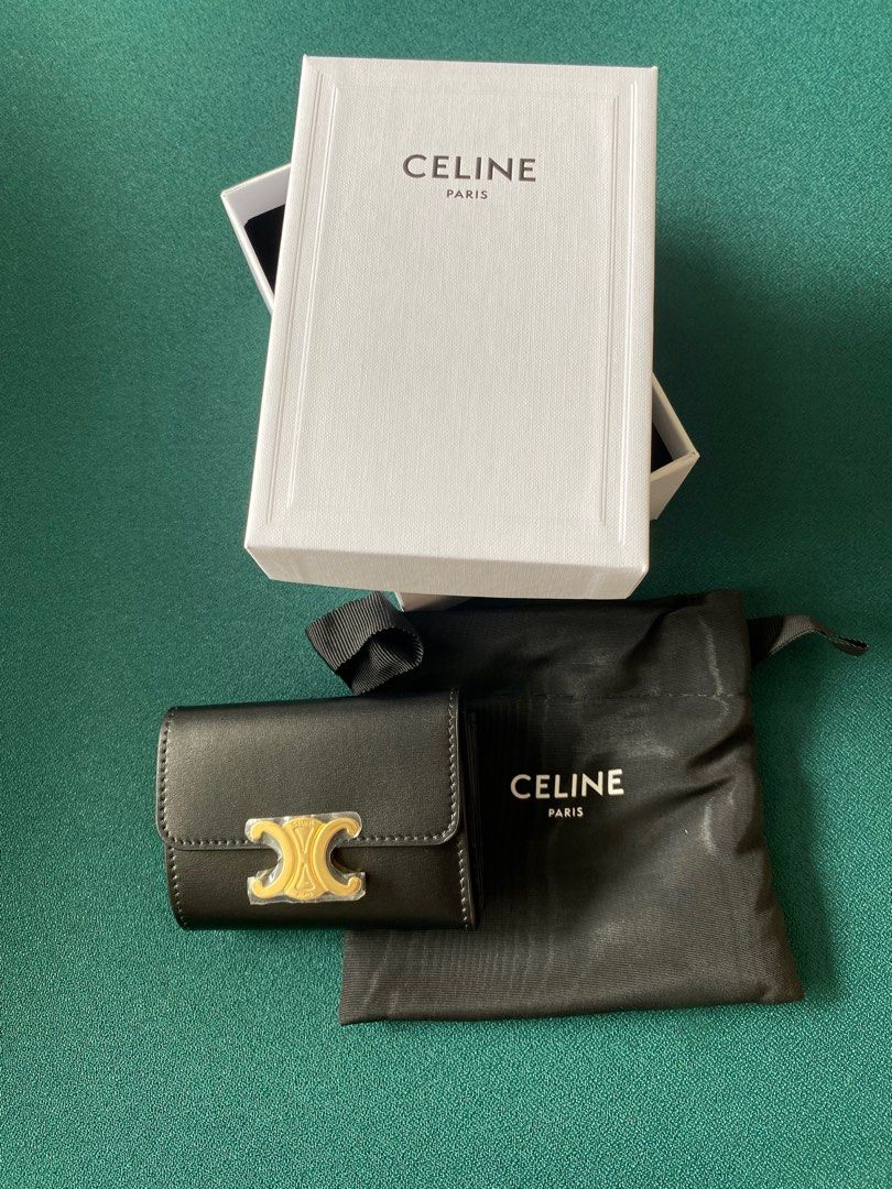 BNIB Celine Triomphe Compact Wallet in Black Calfskin, Women's Fashion ...