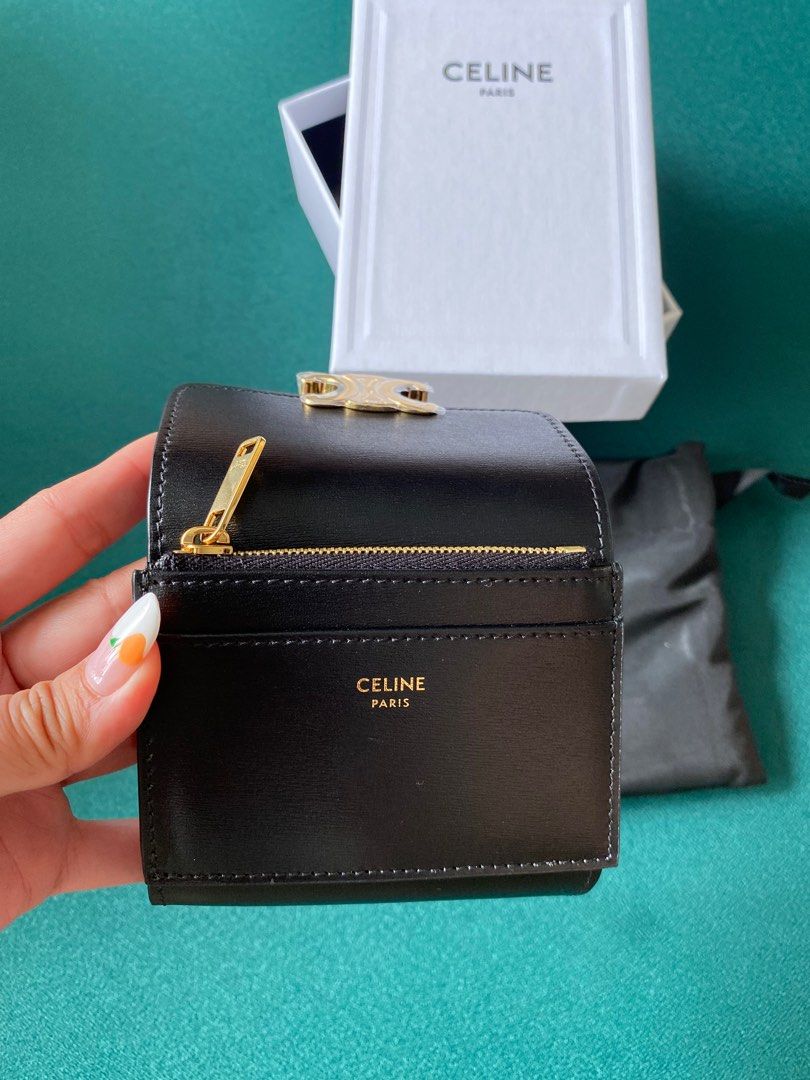 BNIB Celine Triomphe Compact Wallet in Black Calfskin, Women's Fashion, Bags & Wallets, Wallets ...