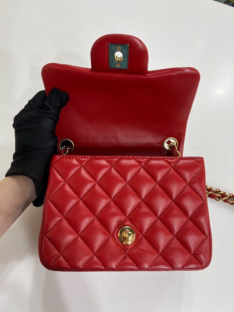 Chanel Classic Flap Mini Square Red Lambskin in GHW, Luxury, Bags ...
