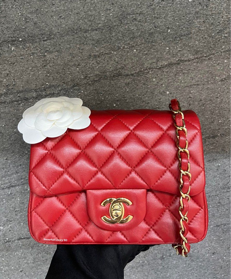 Chanel Classic Flap Mini Square Red Lambskin in GHW, Luxury, Bags ...