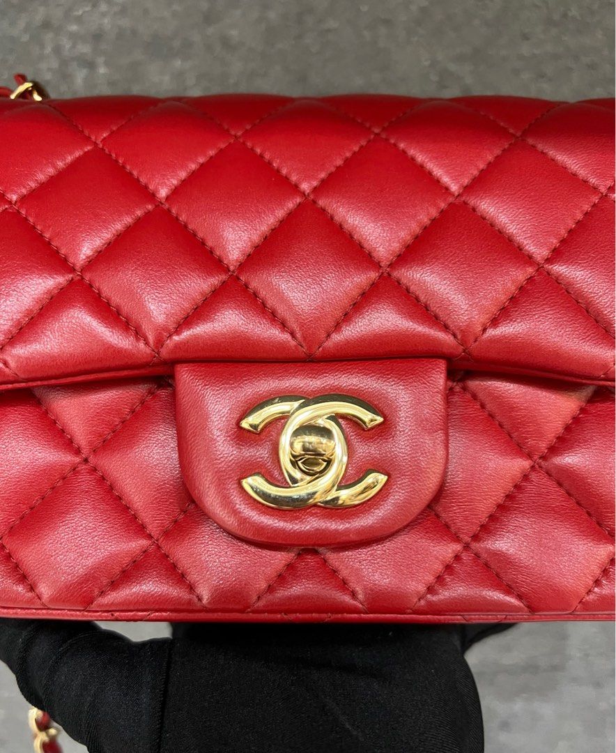Chanel Classic Flap Mini Square Red Lambskin in GHW, Luxury, Bags ...