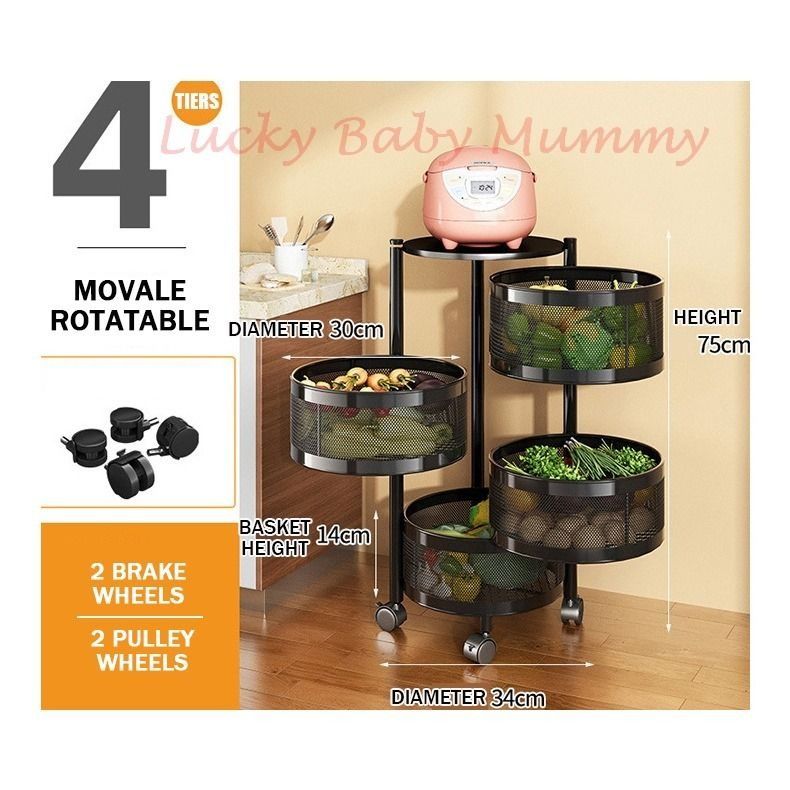 Cylindrical Kitchen Rotating Storage Box Basket Trolley Rack Vegetable ...