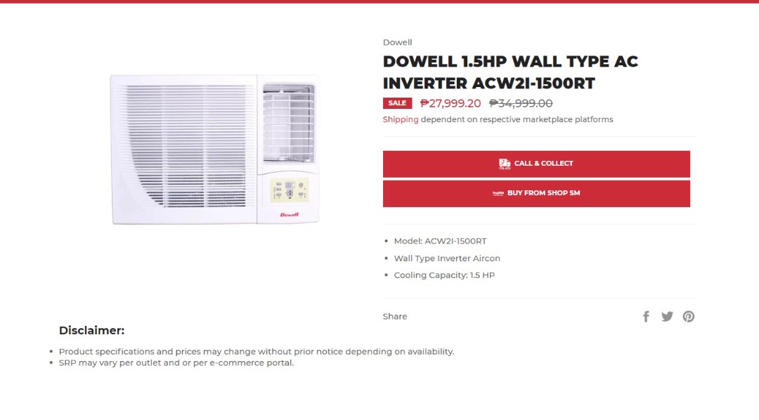 DOWELL 1.5HP WALL TYPE AC INVERTER ACW2I-1500RT, TV & Home Appliances, Air Conditioning and ...