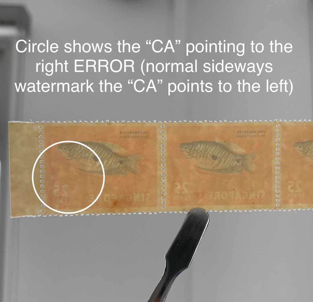 Singapore 1962 25c Fish ERROR watermark sideways INVERTED strip of 3 ...