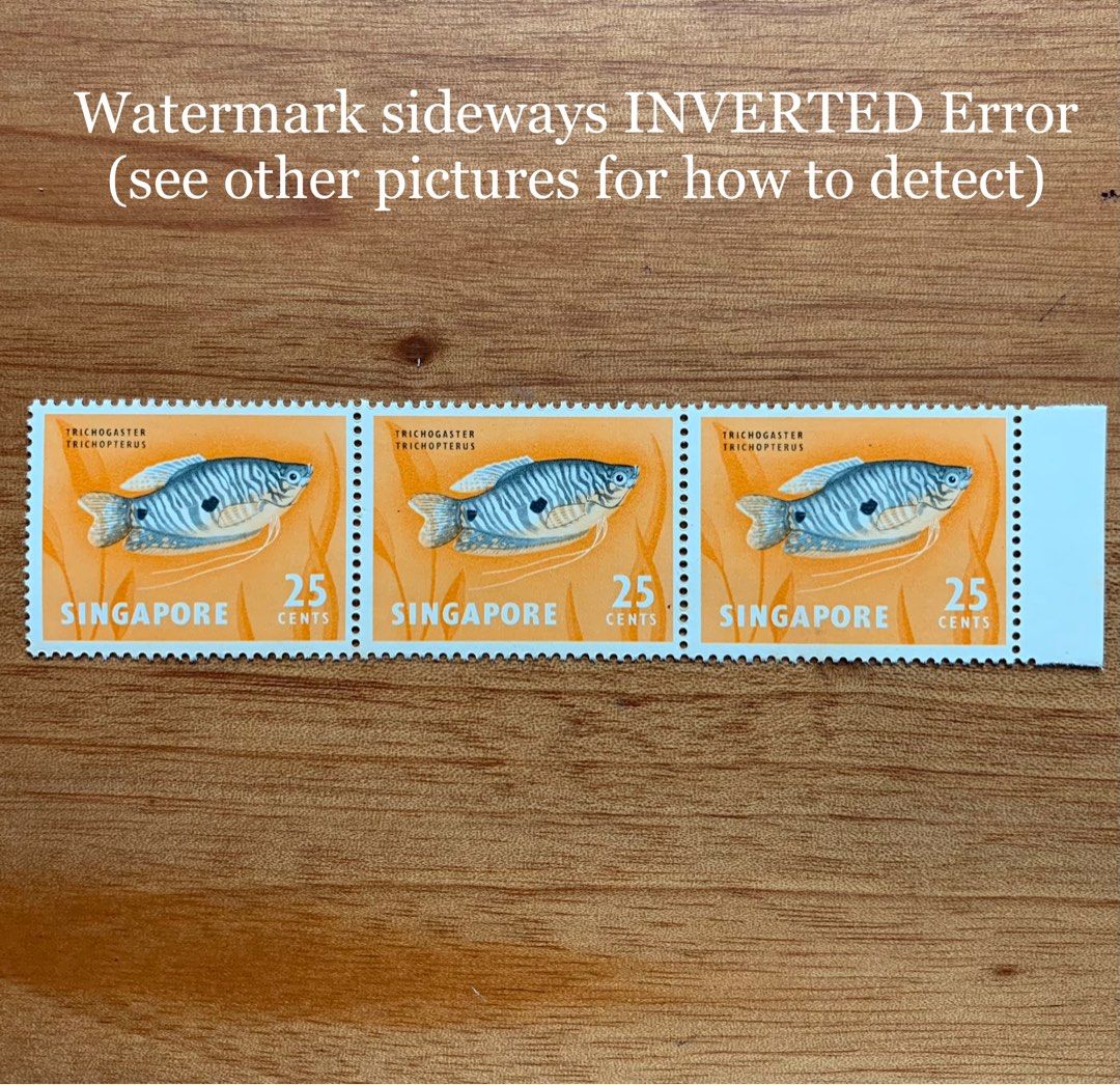 Singapore 1962 25c Fish ERROR watermark sideways INVERTED strip of 3 ...