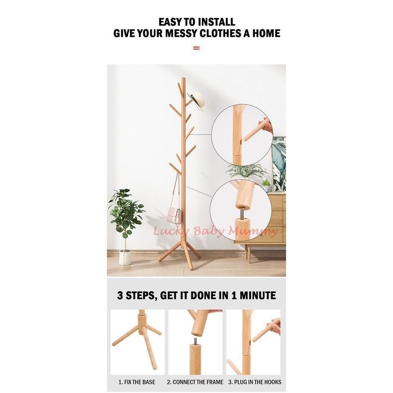 Solid Wood Standing Clothes Hanger Hat Free Stand Coat Rack Wooden Coat ...