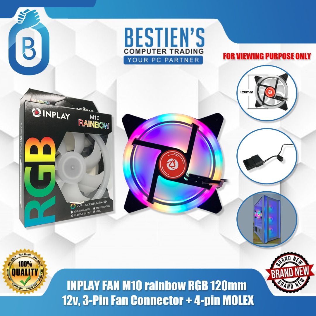 INPLAY FAN M10 rainbow RGB 120mm 12v, 3-Pin Fan Connector + 4-pin MOLEX ...
