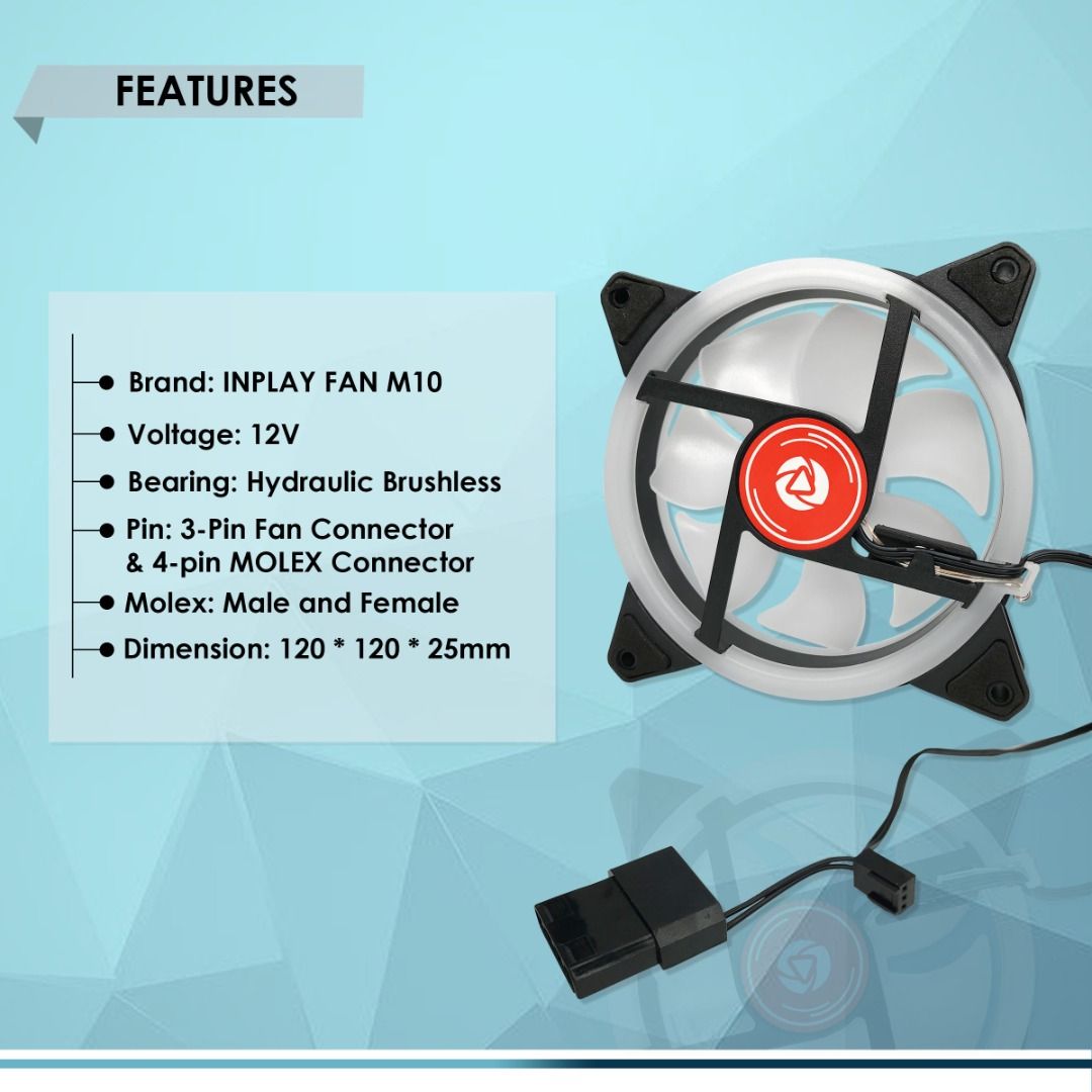 INPLAY FAN M10 rainbow RGB 120mm 12v, 3-Pin Fan Connector + 4-pin MOLEX ...