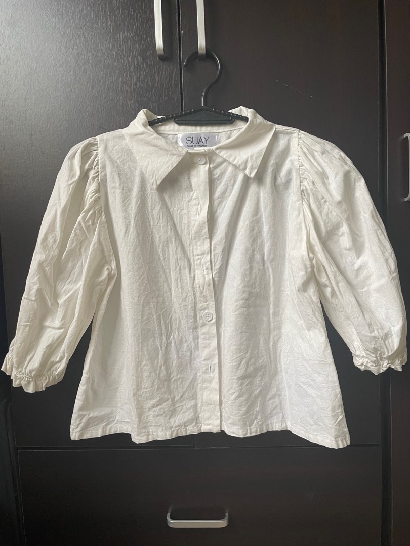 Puffed sleeve polo (white), Women's Fashion, Tops, Blouses on Carousell