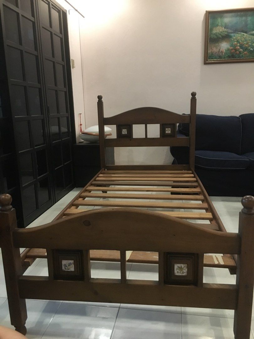 Solid wood single bed frame, Furniture & Home Living, Furniture, Bed ...