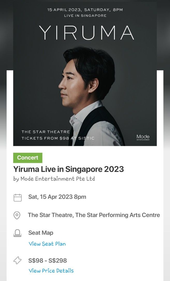 Yiruma piano concert ticket, Tickets & Vouchers, Event Tickets on Carousell