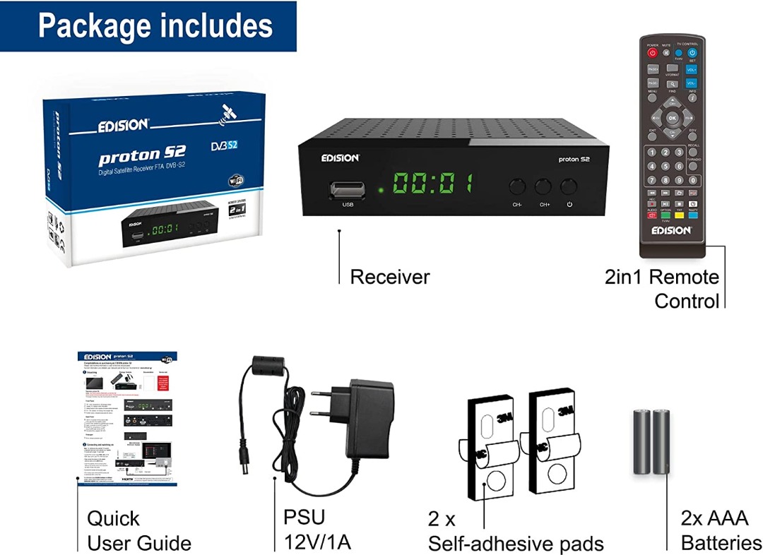 Edision Proton S2 Full HD SAT Receiver FTA (1x DVB-S2, USB WiFi Support ...