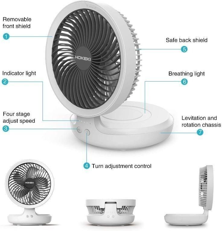 HOKEKI USB Fan Portable Table Desk Fan With Night Breathing Light Air Circulator 90 Degree ...