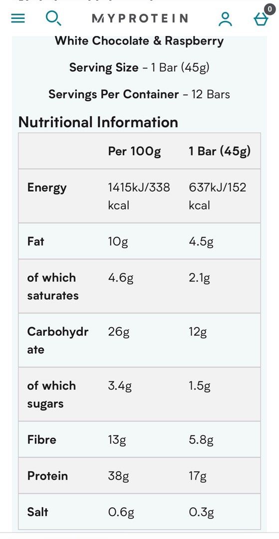 MYPROTEIN Lean Protein Bar - White Choc & Raspberry, Health & Nutrition ...