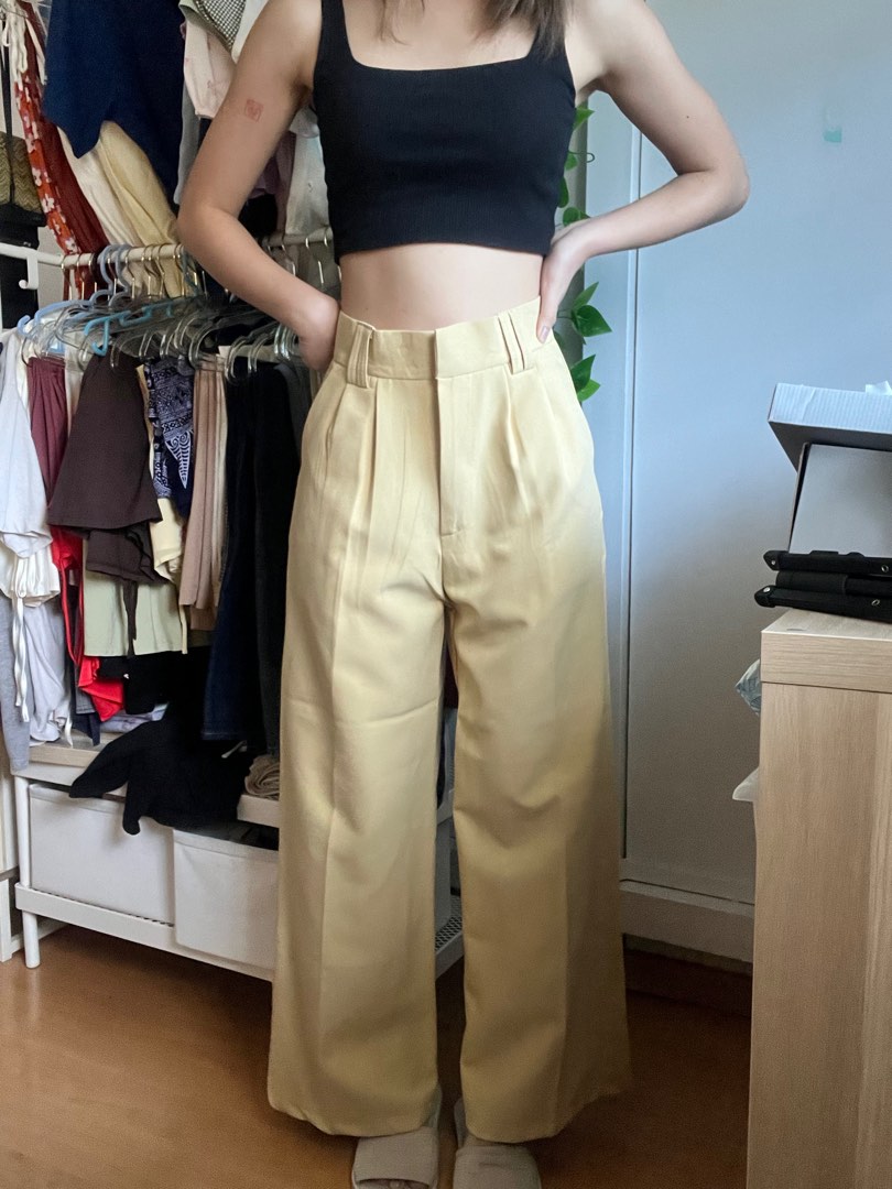 Pastel yellow straight cut baggy pants, Women's Fashion, Bottoms, Other ...