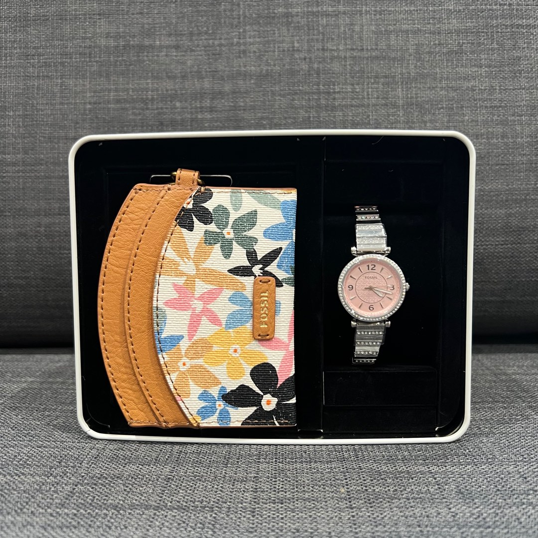 Fossil Carlie Three-Hand Stainless Steel Watch and Card Case Box Set ...