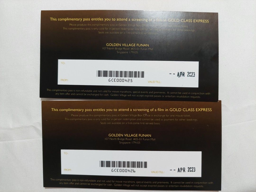 Gold Class Express Funan x 2 tixs, Tickets & Vouchers, Vouchers on ...