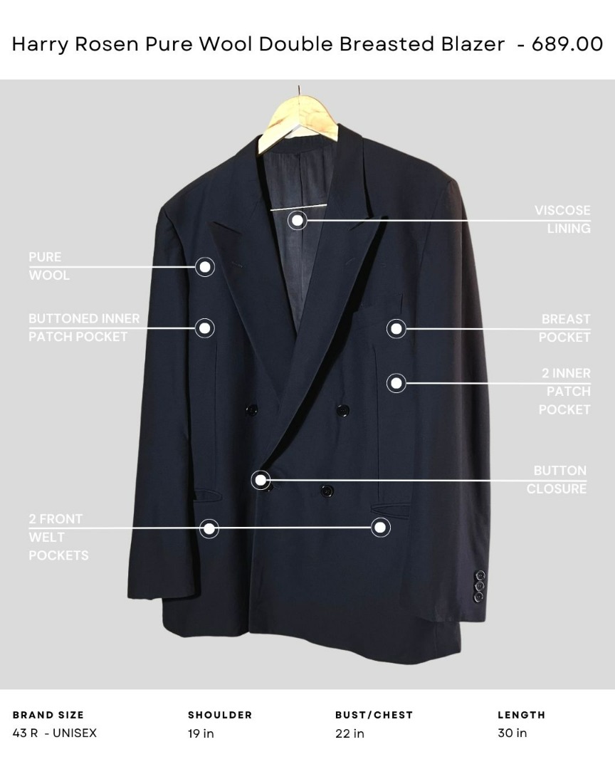 Harry Rosen Pure Wool Double Breasted Blazer - 689.00, Men's Fashion ...