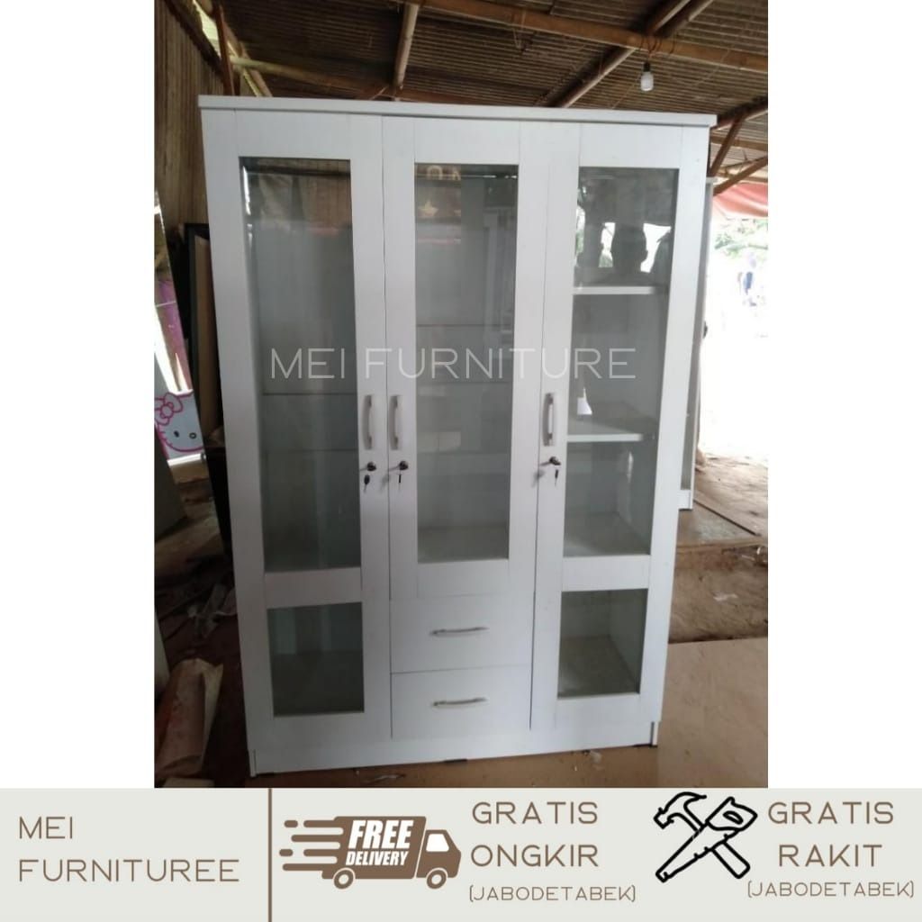 Lemari tas kaca polos 3 pintu laci buka tutup murah minimalis | Rak tas ...