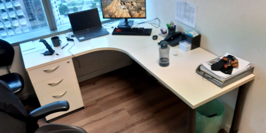 L-shape elegant office desk with pedestal, Furniture & Home Living ...