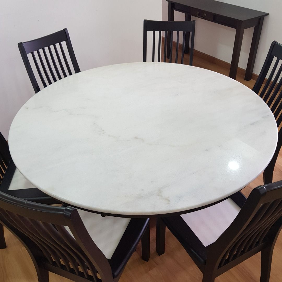 Round Dining Table (White Marble) with 6 Chairs, Furniture & Home ...