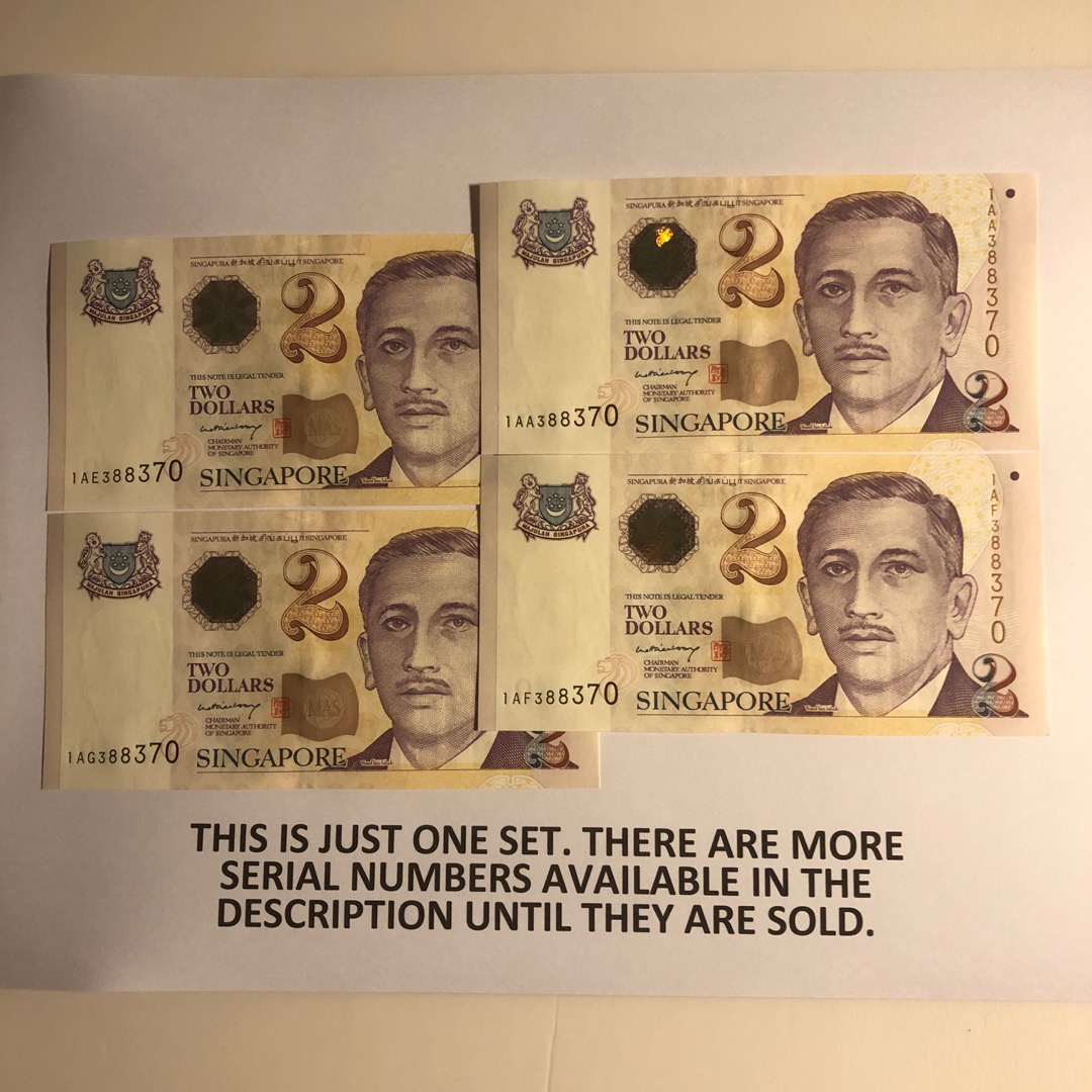 Same Serial Number Singapore $2 Portrait (inclusive of one 1AA note ...