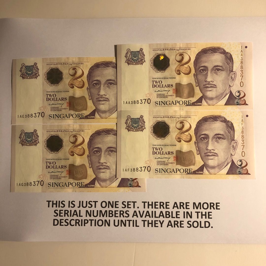 Same Serial Number Singapore $2 Portrait (inclusive of one 1AA note ...