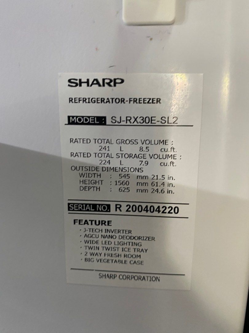 Sharp 3Ticks J-Tech Inverter Fridge, 225L, TV & Home Appliances ...