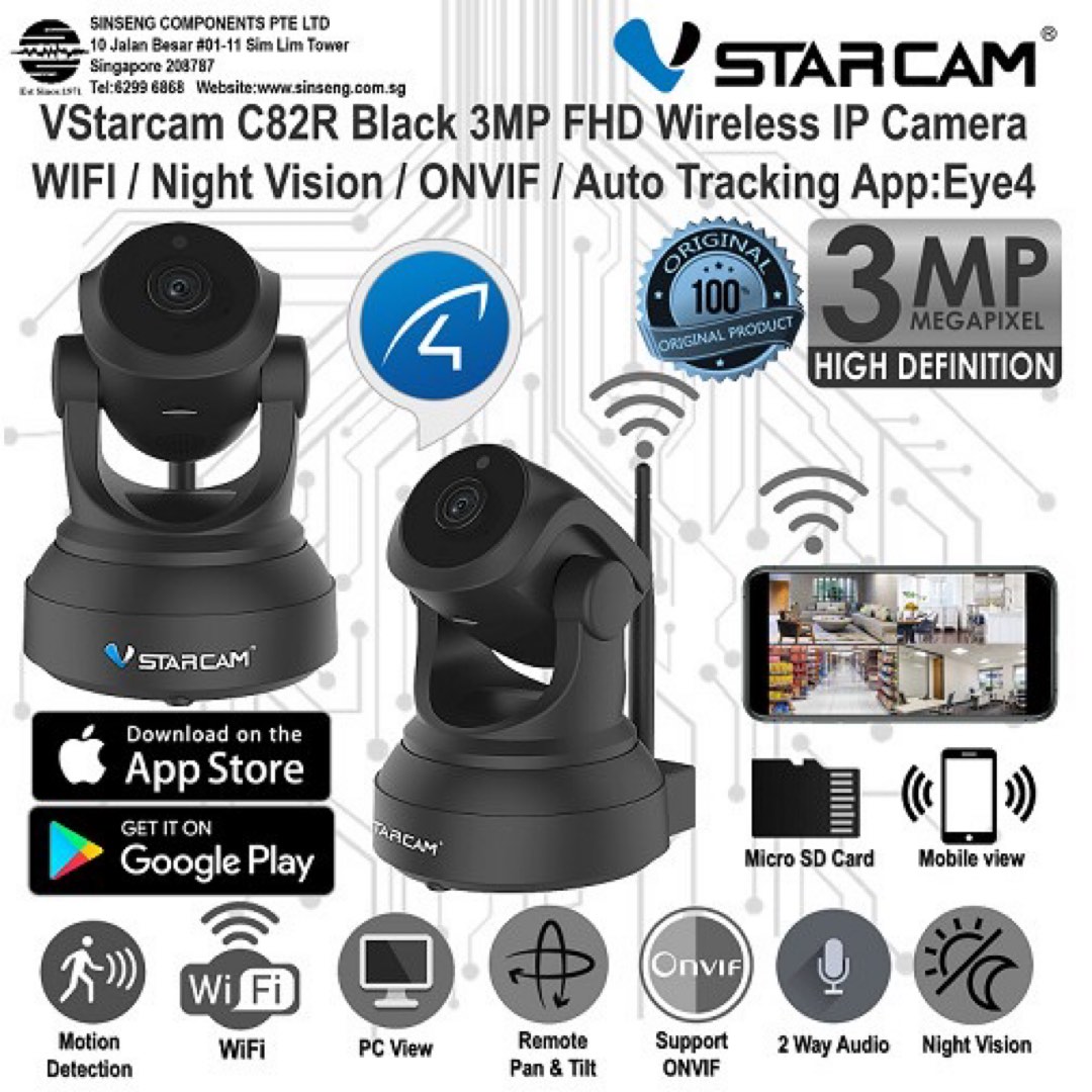 Vstarcam 3MP C82R Black Wireless Wifi IP Camera [Upgraded Ultra-HD 3 ...