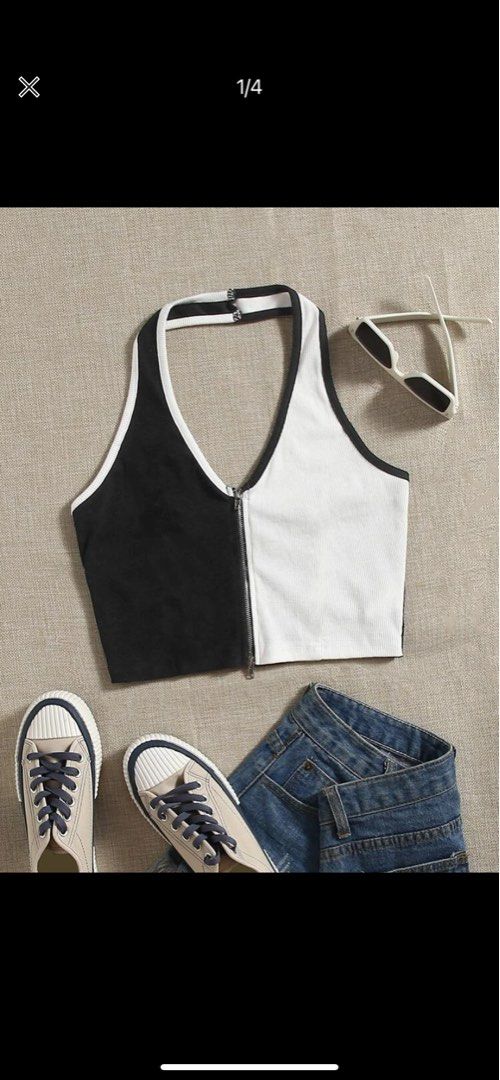 Colorblock crop halter top, Women's Fashion, Tops, Sleeveless on Carousell