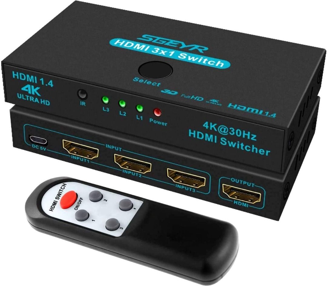 HDMI Switch 4K SGEYR 3 in 1 out HDMI Switcher 3x1 HDMI Switches Selector Box with Remote Control ...